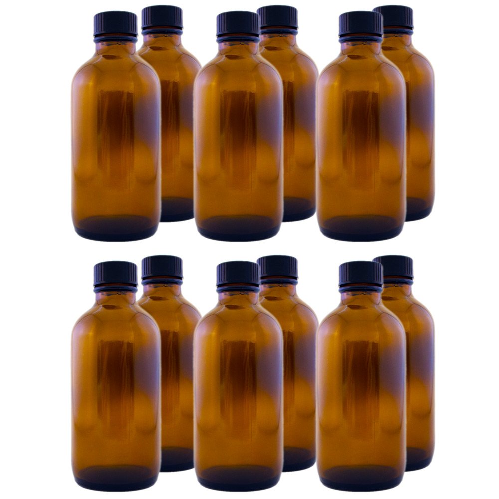 Pack of 12 - 4 oz Amber Glass Boston Round Bottles w/ Black Phenolic Cone Lined Caps