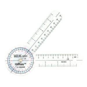 baseline 360° isom high res goniometer, 6" isom, measure body joint angles including wrist, elbow, knee, for physical therapists and healthcare professionals, plastic, wipe clean, inches and cm