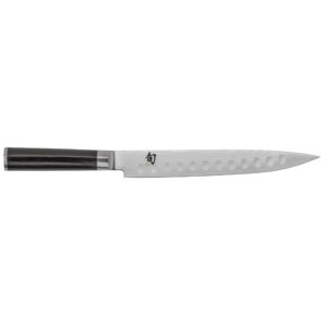 shun classic 9" hollow ground slicing knife, handcrafted japanese meat slicing knife, long and thin blade, vg-max core with damascus stainless steel cladding, pakkawood handle