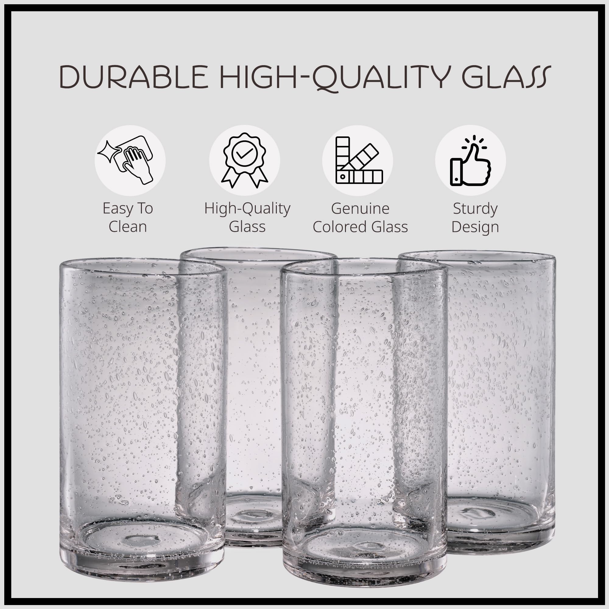 Artland 17oz Highball Tumbler, Set of 4 | Iris Seeded Design, Clear | Drinking Glass for Parties and Everyday Use - Mojito, Whiskey, Cocktail | Glassware & Kitchenware Essentials