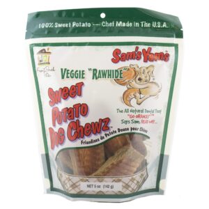 sam's yams sweet potato dog chewz, all natural made in usa sweet potato dog treats - dried and chewy - perfect for small, medium, and large dogs - healthy dog supplement treats, 5 oz single pack