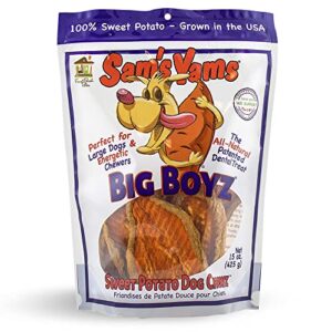 sams yams sweet potato dog treats, healthy dog treats for large dogs - sweet potato dog treats made in usa, high fiber, vegan dental chews - big boyz, sweet potato dog chewz, 15oz (single pack)