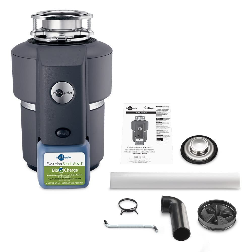 InSinkErator Garbage Disposal, Evolution Septic Assist, Quiet Series, 3/4 HP Continuous Feed, Gray + 1-Pack Bio-Charge Cartridge