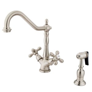 kingston brass ks1238axbs heritage deck mount kitchen faucet with ax handle and brass sprayer, 8-1/2", brushed nickel