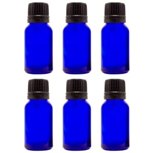 essential oil bottles, set of 6 - cobalt blue glass with eurodropper cap - 15ml