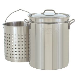 bayou classic 1144 44-qt stainless stockpot w/basket features domed vented lid heavy welded handles perforated stainless basket perfect for low country boils steaming gumbo and stews