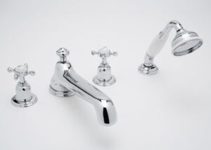 rohl u.3738x-pn polished nickel edwardian 4 hole low level spout deck bathtub filler and handshower, cross handles