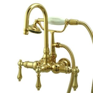 vintage three handle t ub mount clawfoot tub faucet with handshower finish: polished brass