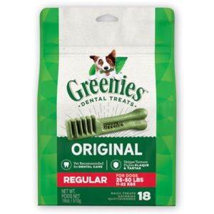 greenies original regular natural dental care dog treats, 18 oz. pack (18 treats)