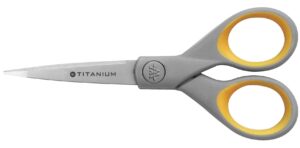 westcott 13525 5-inch pointed titanium-bonded crafting scissors with soft handles, gray/yellow