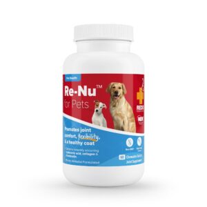 redd remedies, re-nu for pets, joint pain relief support for dogs with glucosamine, chondroitin and collagen from nem, calcium and brewer’s yeast, 60 chewable tablets, made in the usa