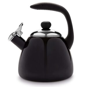 farberware bella water kettle, whistling tea pot, works for all stovetops, porcelain enamel on carbon steel, bpa-free, rust-proof, stay cool handle, 2.5qt (10 cups) capacity (black)