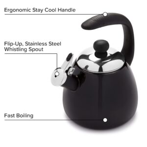 Farberware Bella Water Kettle, Whistling Tea Pot, Works For All Stovetops, Porcelain Enamel on Carbon Steel, BPA-Free, Rust-Proof, Stay Cool Handle, 2.5qt (10 Cups) Capacity (Black)