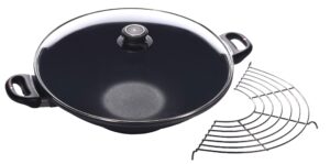 swiss diamond 14" (7 qt) wok hd nonstick diamond coated aluminum wok, includes lid - pfoa free, dishwasher safe and oven safe wok, grey…