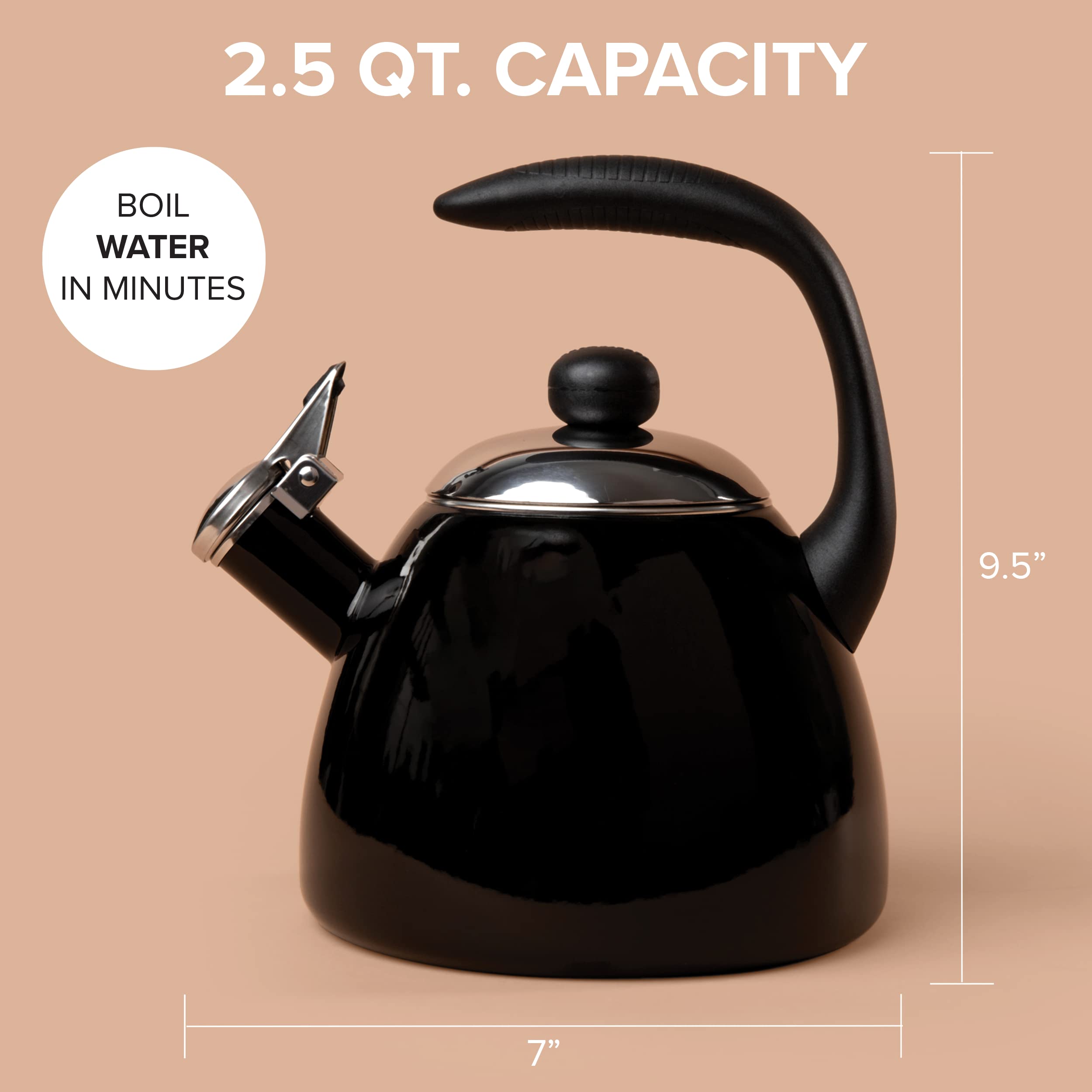 Farberware Bella Water Kettle, Whistling Tea Pot, Works For All Stovetops, Porcelain Enamel on Carbon Steel, BPA-Free, Rust-Proof, Stay Cool Handle, 2.5qt (10 Cups) Capacity (Black)