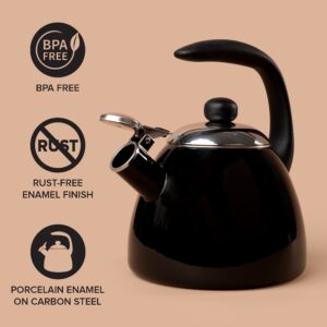 Farberware Bella Water Kettle, Whistling Tea Pot, Works For All Stovetops, Porcelain Enamel on Carbon Steel, BPA-Free, Rust-Proof, Stay Cool Handle, 2.5qt (10 Cups) Capacity (Black)