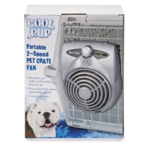 cool pup crate fan, 8x6.25x2.5” in size – quiet battery fan keeps dogs & cats cool with built-in thermometer, silver