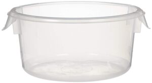 rubbermaid commercial products plastic round food storage container with bail handle, 2 quart, clear, high temperature range food organization/storage for wet/dry food in kitchen/restaurants/cafeteria