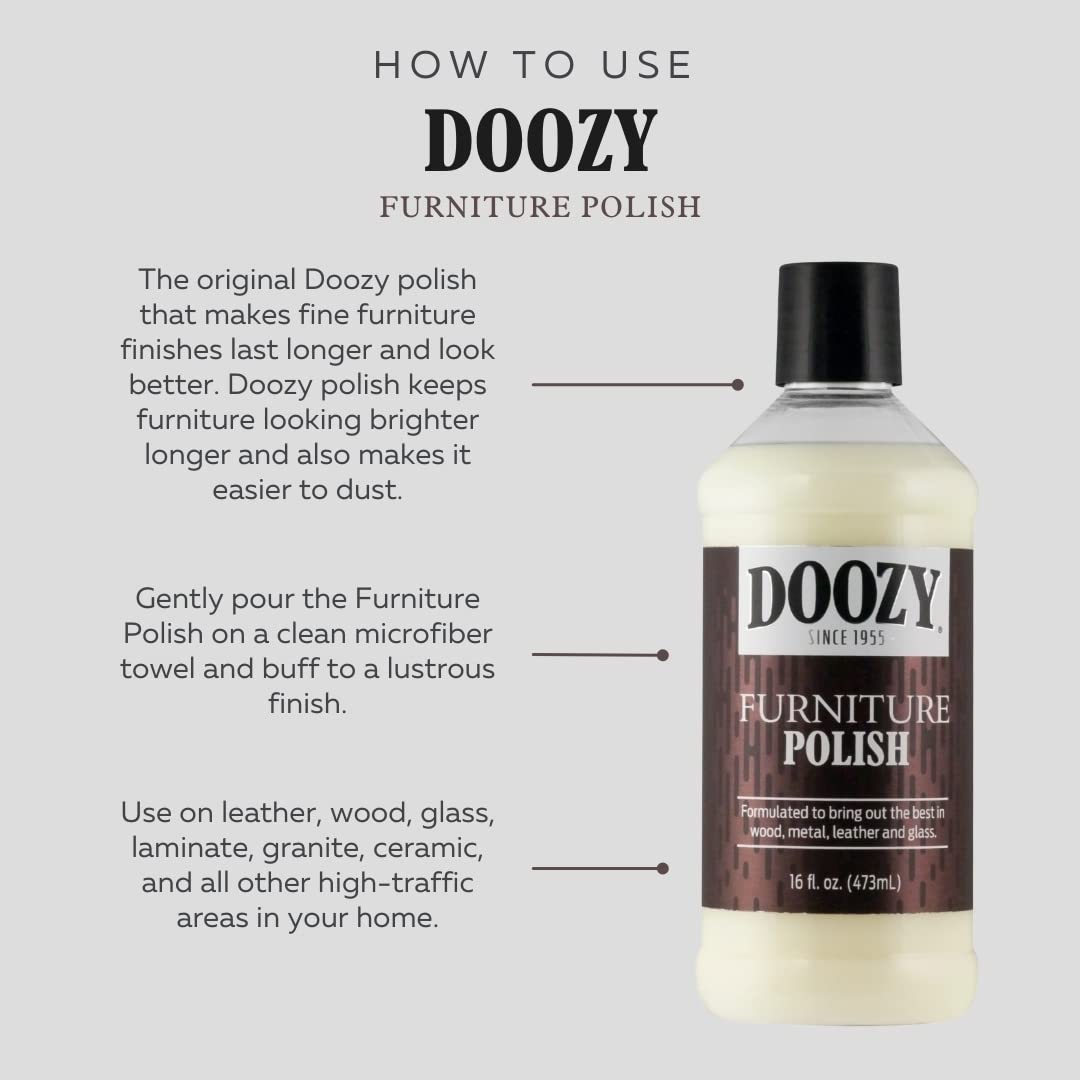 Doozy 16 oz Furniture & Cabinet Polish for All Wood & Metal, Leather & Glass - Oak, Teak, Dark & Light Wood - Best to Clean, Restore, Protect, Shine & Conceal Fine Surface Scratches