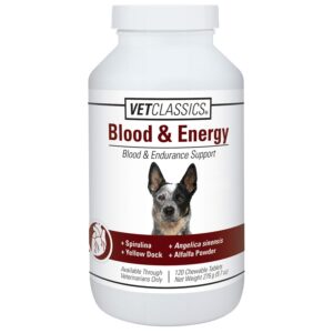 vet classics blood & energy support for dogs, supports endurance with spirulina, yellow dock, & alfalfa support formation of hemoglobin and myoglobin, 120 chewable tablets