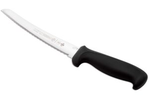 mundial 10-inch curved micro-serrated bread knife, high-carbon stainless steel blade, ergonomic black handle for perfect slicing