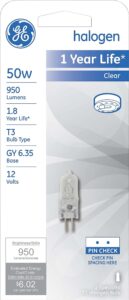 general electric halogen light bulb, t3 light bulb, 50-watt, 950 lumen, 2-pin gy6.35 bulb base, clear, 1-pack halogen light bulbs