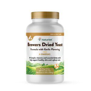 naturvet brewer’s dried yeast pet supplement with garlic flavoring – includes b-complex vitamins, omega-3, 6, & 9 fatty acids – helps support glossy coat, healthy skin for dogs, cats 500 ct.