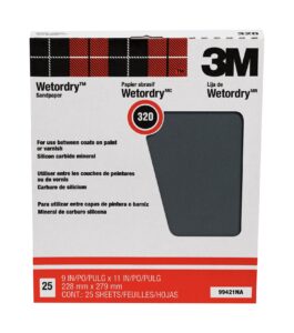 3m wetodry sandpaper, 25 sheets, 320 grit sanding paper, 9-in x 11-in, for final or between coats sanding, sandpaper for a premiere finish on lacquers, primers, sealers, plastics and paints (99421na)