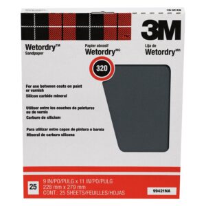 3M Wetodry Sandpaper, 25 Sheets, 320 Grit Sanding Paper, 9-in x 11-in, For Final or Between Coats Sanding, Sandpaper For a Premiere Finish on Lacquers, Primers, Sealers, Plastics and Paints (99421NA)