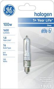 ge halogen light bulb, specialty t type light bulb, 100 watt, clear finish, candelabra base (1 pack)