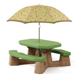 step2 naturally playful kids picnic table with removeable umbrella, indoor/outdoor toys, fits 6 children, made of durable plastic, for toddlers 3+ years old, green & leaves