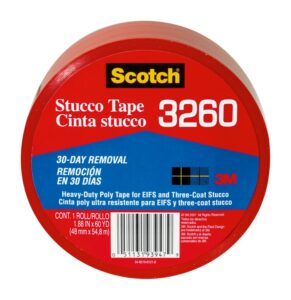 scotch stucco tape, 1.88 in x 60yd, 30 day clean removal, heavy-duty outdoor stucco tape, uv & moisture resistant, water resistant poly backing, 1 roll, red (3260-a)