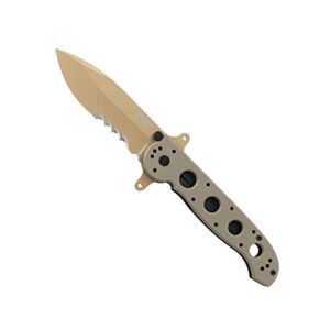 crkt m21-14dsfg edc folding pocket knife: special forces everyday carry, tan serrated edge blade, veff serrations, automated liner safety, dual hilt, desert g10 handle, reversible pocket clip