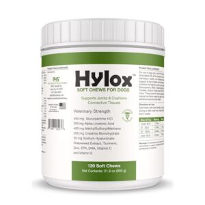 pet health solutions hylox soft chews for dogs - supports joints & cushions connective tissues - glucosamine - alpha linolenic acid - creatine -120 soft chews