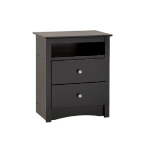 prepac sonoma 2 drawer nightstand: elegant bedroom furniture, bedside table with open shelf, 23.25"w x 16"d x 28"h, black