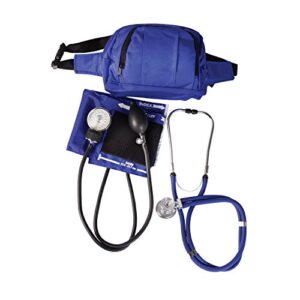 mabis matchmates aneroid sphygmomanometer manual blood pressure monitor fanny pack kit with calibrated adult nylon arm cuff and sprague rappaport stethoscope, professional quality, royal blue