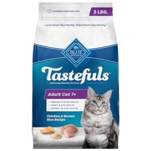 blue buffalo tastefuls mature dry cat food for adult cats 7+, made in the usa with natural ingredients, chicken & brown rice recipe, 3-lb. bag