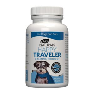 ark naturals happy traveler capsules, natural calming treats for dogs and cats, reduces anxious and nervous behavior, 30 count, packaging may vary,blue,700146