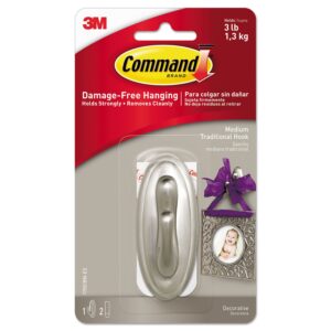 command medium traditional hook, holds up to 3 lb, 1 wall hook with 2 command strips, brushed nickel color, organize damage-free no tools wall hooks for hanging decorations in living spaces