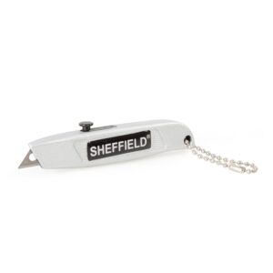 sheffield 12245 mini retractable utility knife | mini boxcutter, metal body, classic style, comes with a chain that allows it to hook on to a key ring | cuts boxes, twine, etc. | useful for many jobs