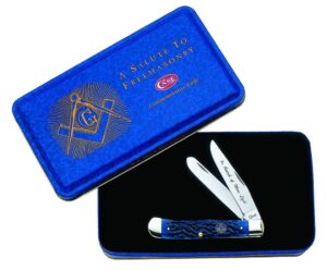 case wr xx pocket knife blue bone masonic trapper w/gift tin item #1058 - (6254 ss) - length closed: 4 1/8 inches