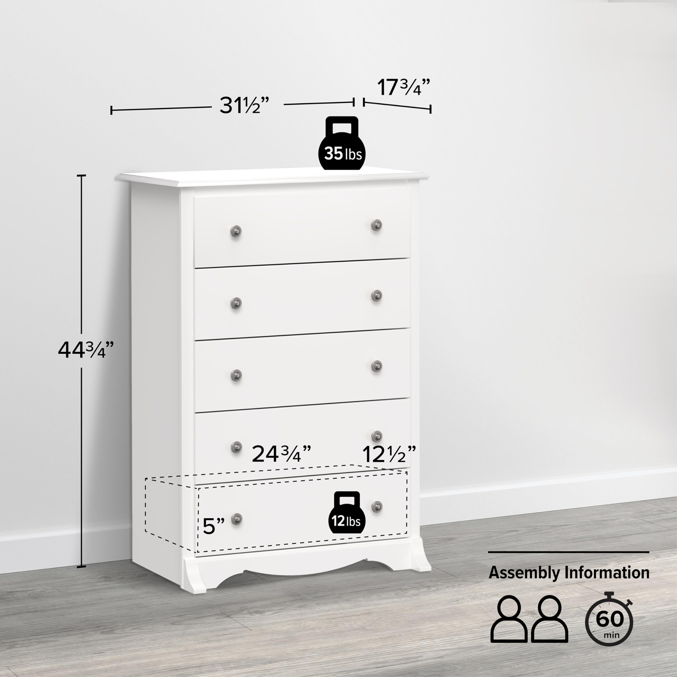 Prepac Sonoma Superior 5-Drawer Chest for Bedroom - Spacious and Stylish Chest of Drawers, Measuring 17.75"D x 31.5"W x 44.75"H, In White Finish