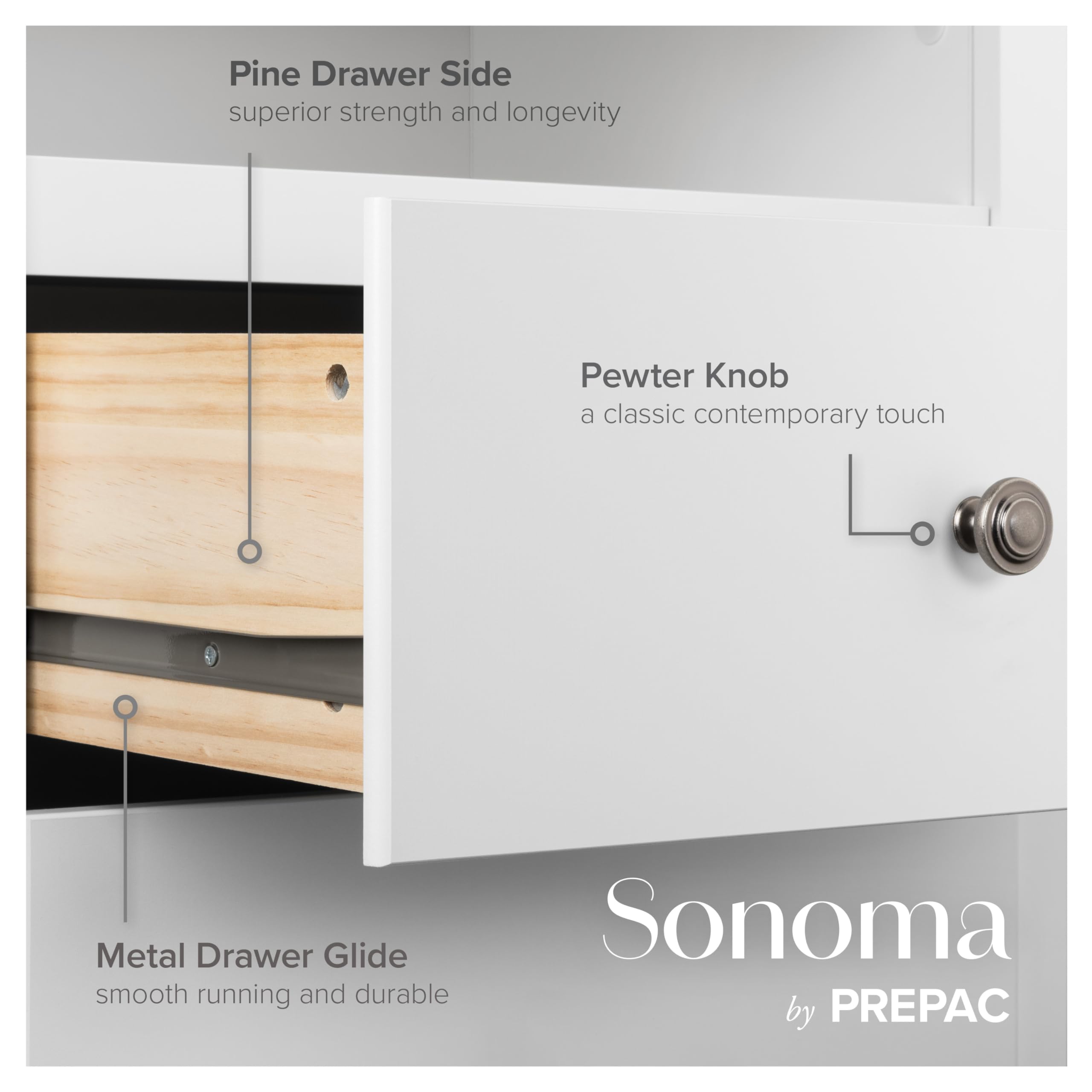 Prepac Sonoma Superior 5-Drawer Chest for Bedroom - Spacious and Stylish Chest of Drawers, Measuring 17.75"D x 31.5"W x 44.75"H, In White Finish