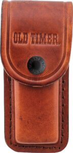 old timer ls2 large size brown leather belt sheath with button clasp, hard exterior, and convenient size with traditional folding pocket knives or multitools for edc, camping, hunting, and outdoors