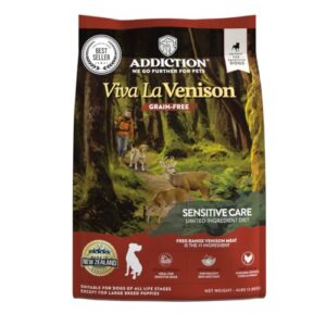 addiction viva la venison premium grain-free dry dog food - single protein & novel meat with probiotics - no chicken, beef, or turkey - ideal for all dogs & puppies 4lb