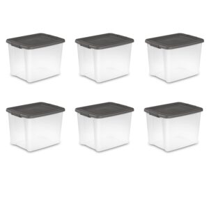 sterilite 19376406 50-quart shelf tote driftwood base and lid with platinum latches 6-pack