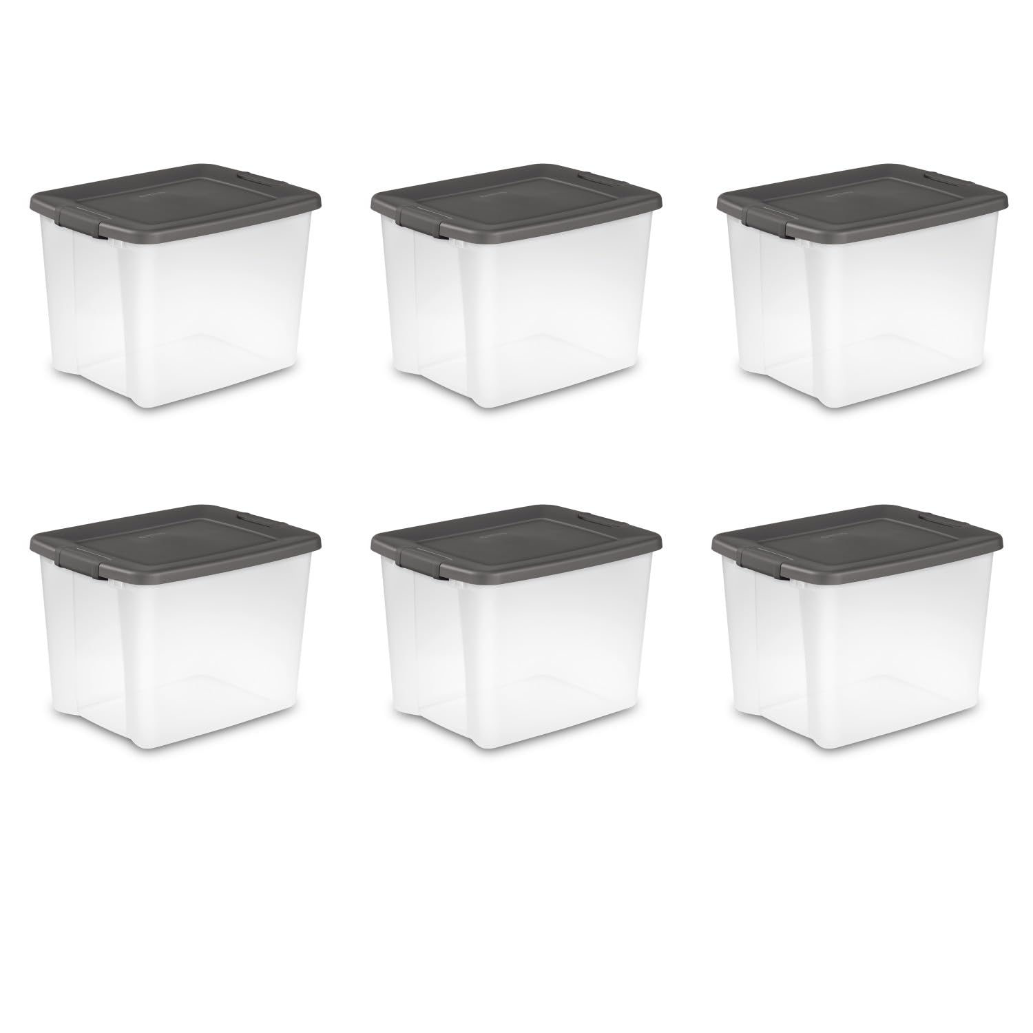 Sterilite 19376406 50-Quart Shelf Tote Driftwood Base and Lid with Platinum Latches 6-Pack