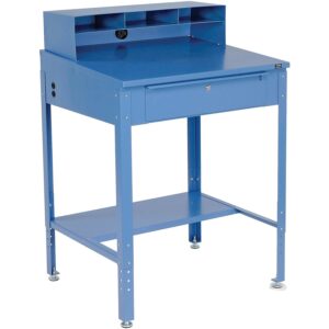 global industrial shop desk 34-1/2"w x 30"d x 38 to 42-1/2"h with pigeonhole compartments, blue