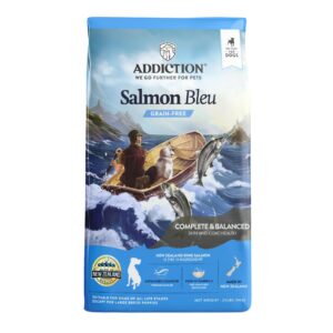 addiction salmon bleu grain-free dry dog food formula - new zealand king salmon, probiotic-rich fruits & vegetables, fish oil for healthy skin & coat, ideal for dogs of all life stages 20lb