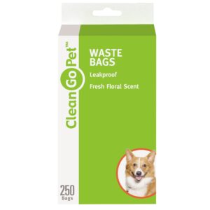 clean go pet fresh scent doggy waste bags, 250-count - convenient, leakproof, plastic, scented poop bags